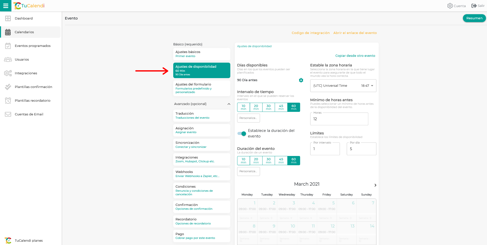 Establece la disponibilidad de fechas y horarios
