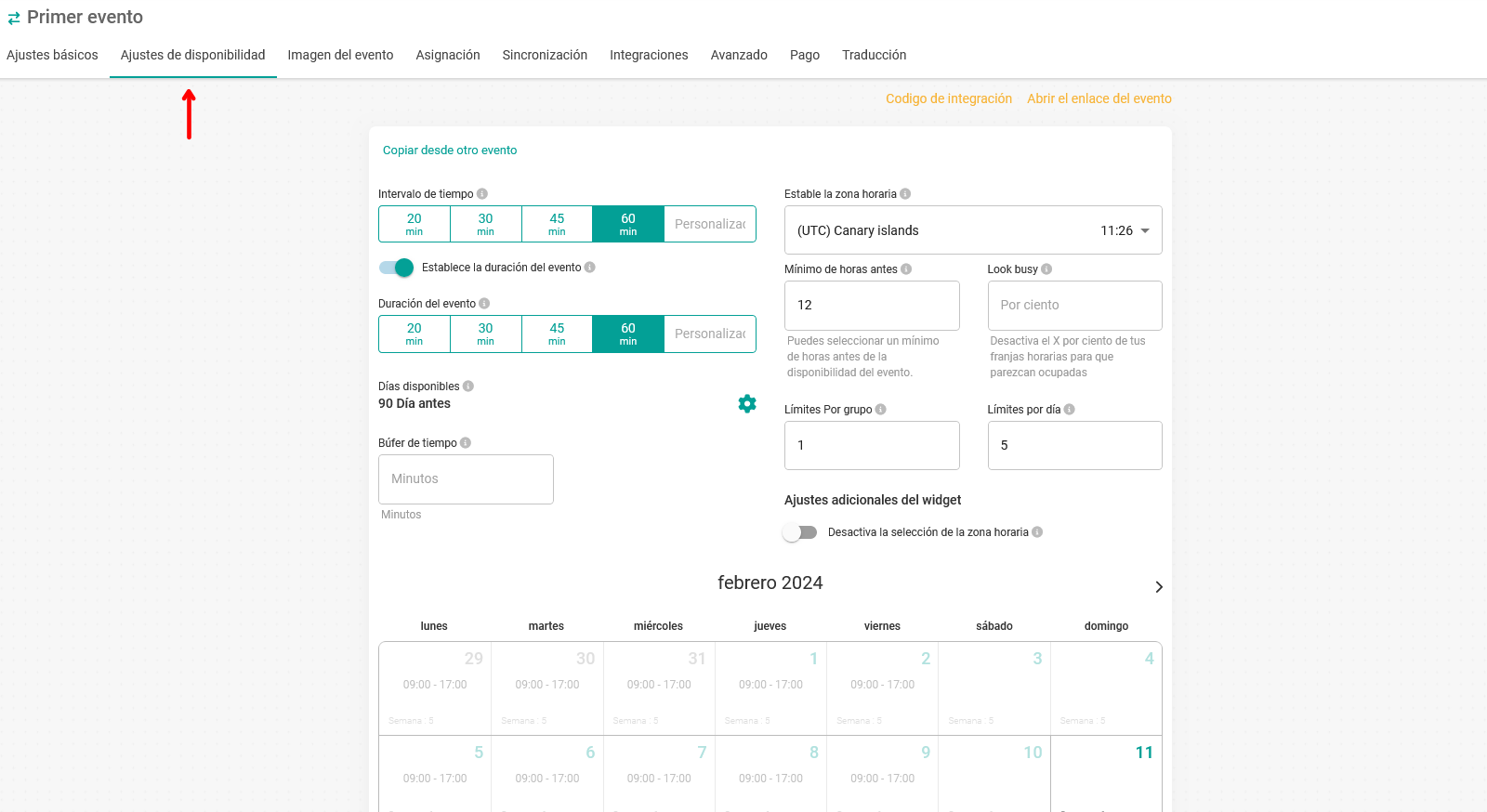 Establece la disponibilidad de fechas y horarios