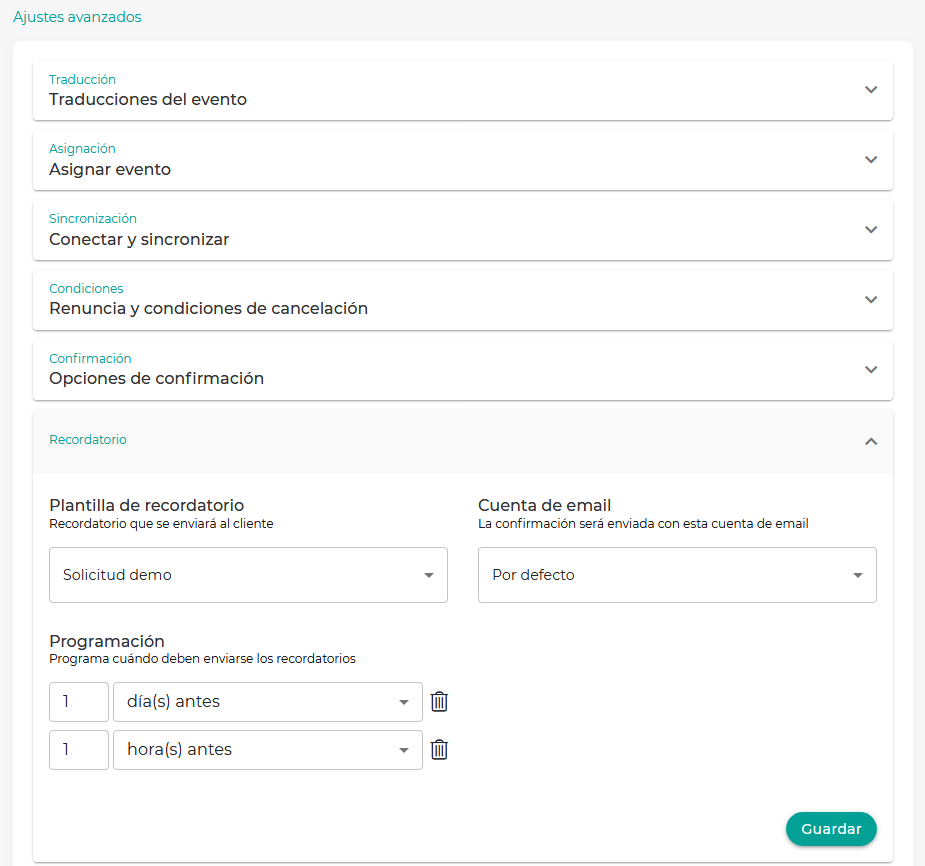 Asociar la plantilla de recordatorio a eventos