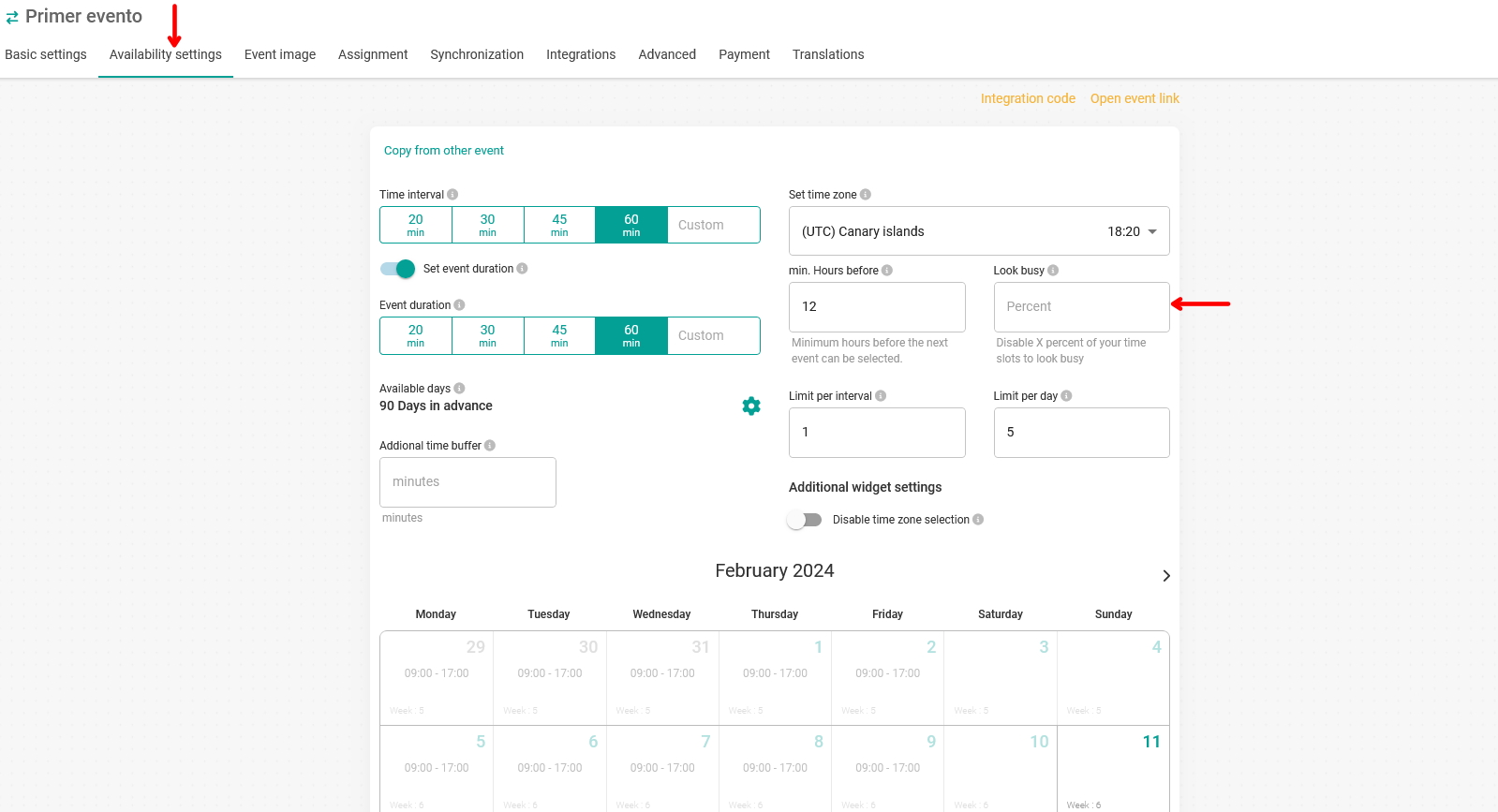 What is the look busy option in event availability?