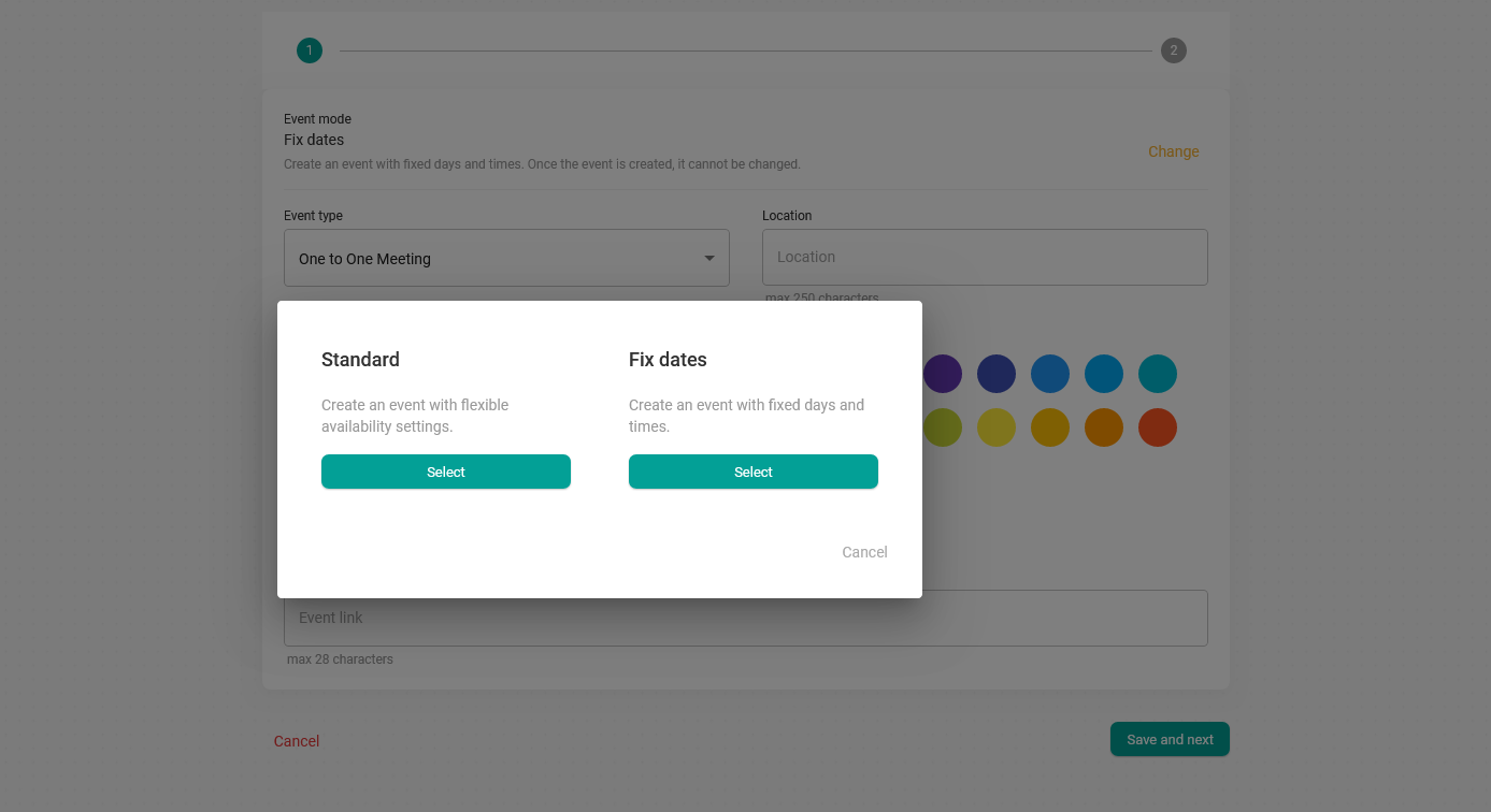 Create an event with fixed dates and times
