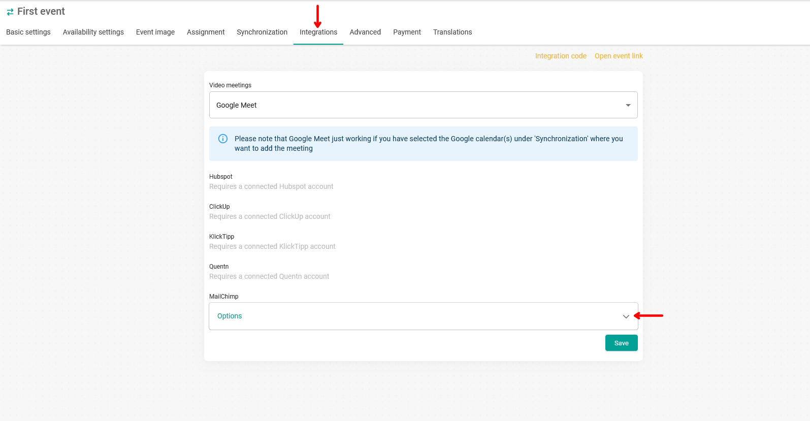 Connect an event with Mailchimp