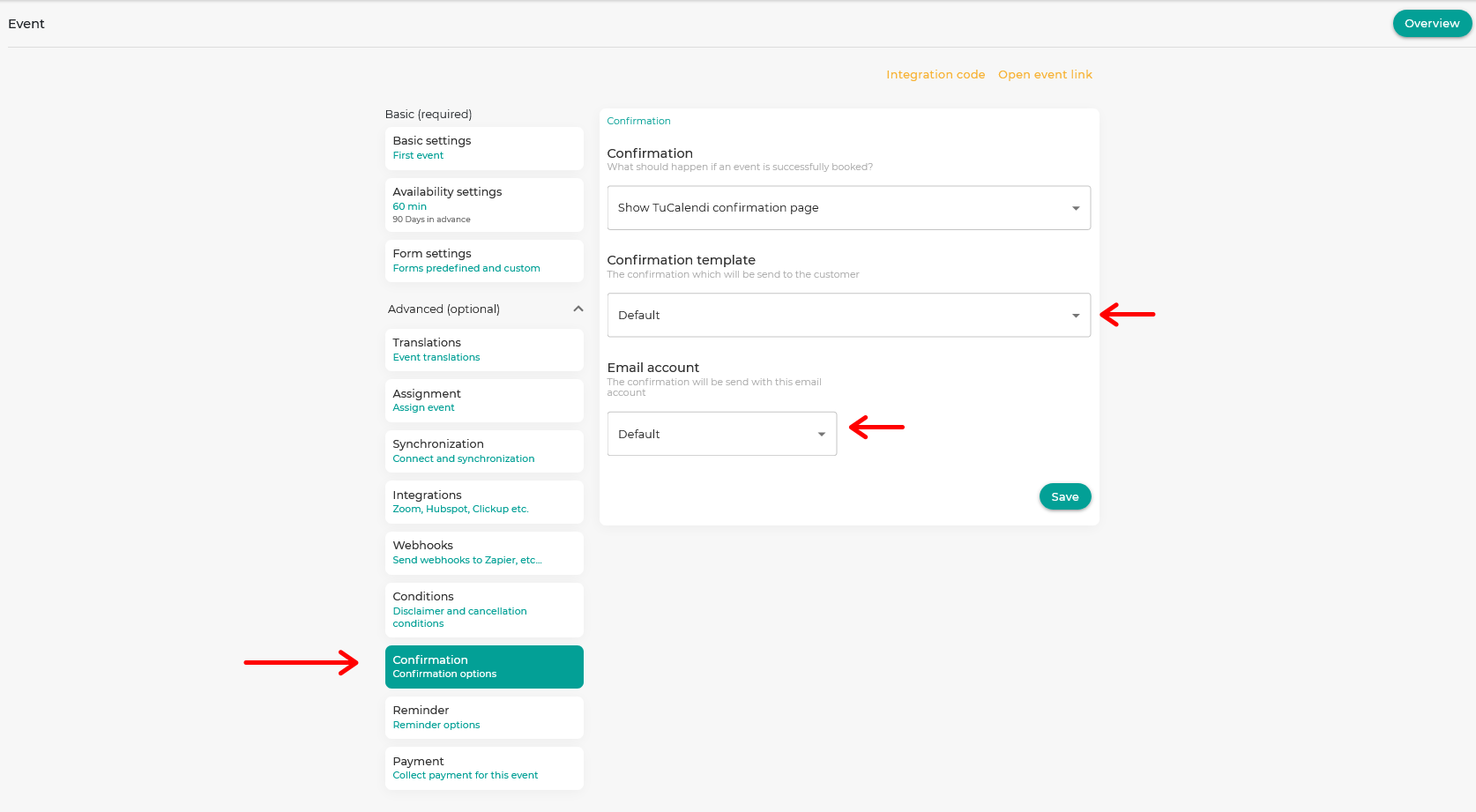 Associate the confirmation template to events