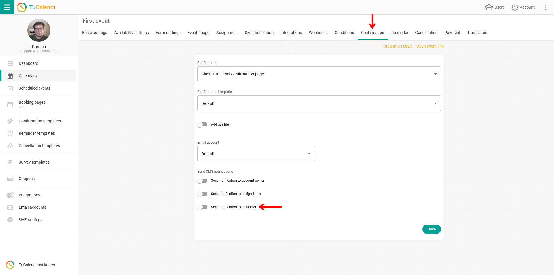 Associate confirmation SMS to events