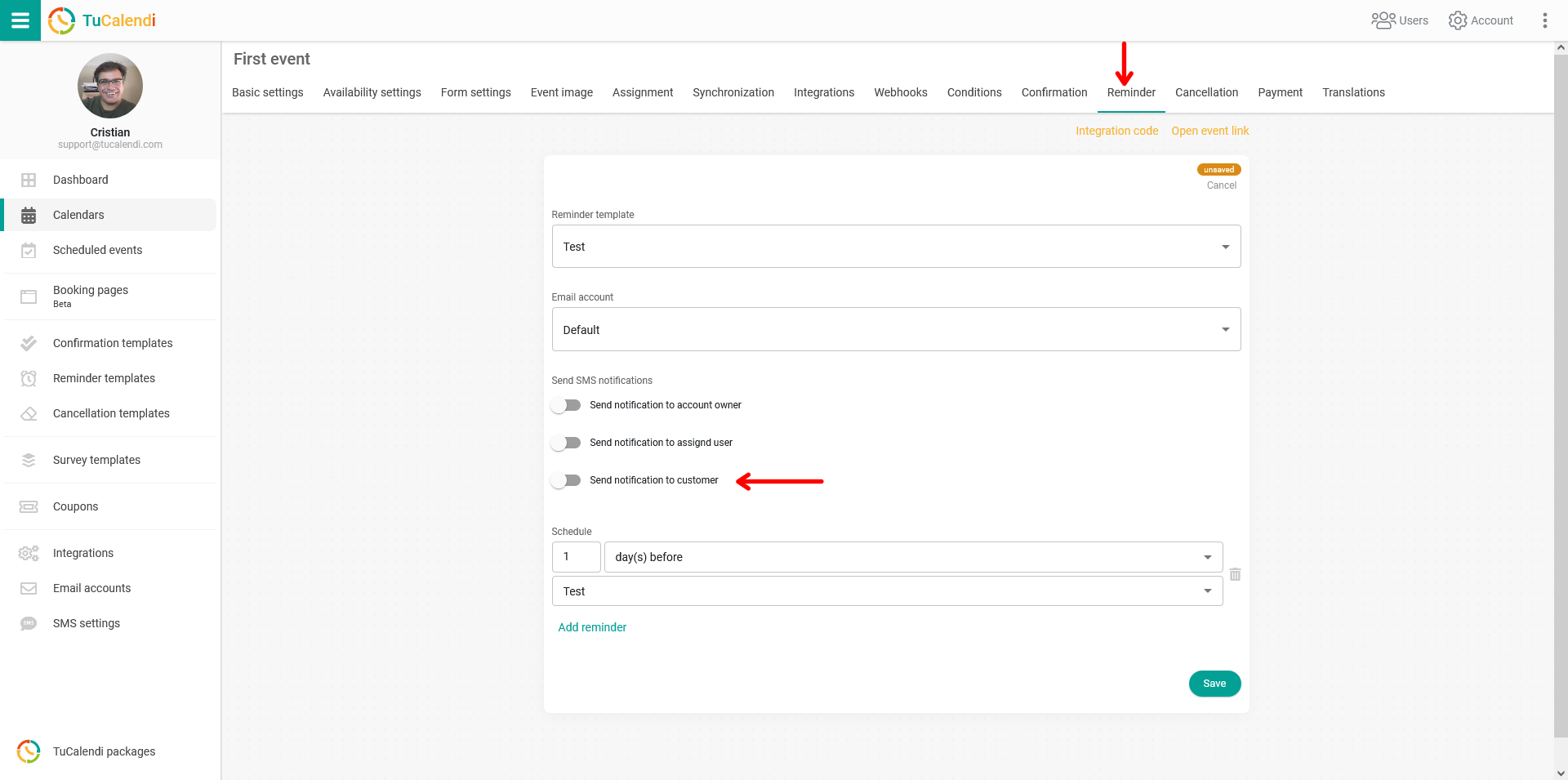 Associate reminder SMS to events