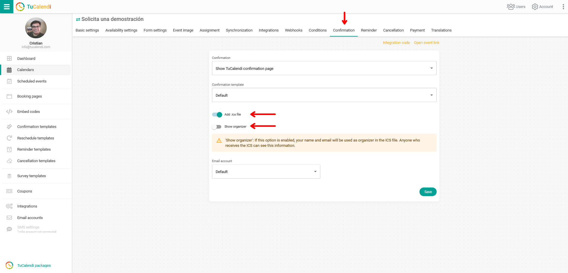 Attach .ics file to event confirmation