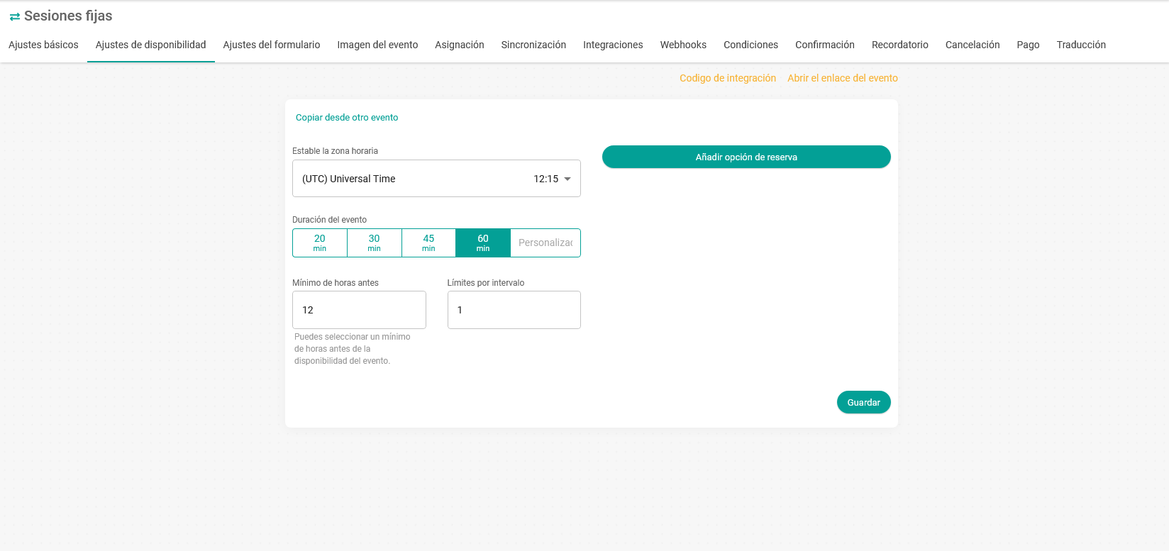 Establecer la disponibilidad en eventos de tiempos fijos