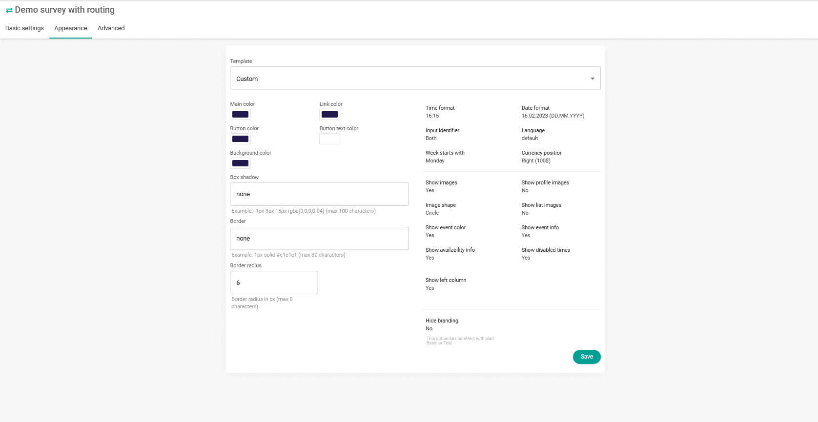 Appearance of the smart survey widget